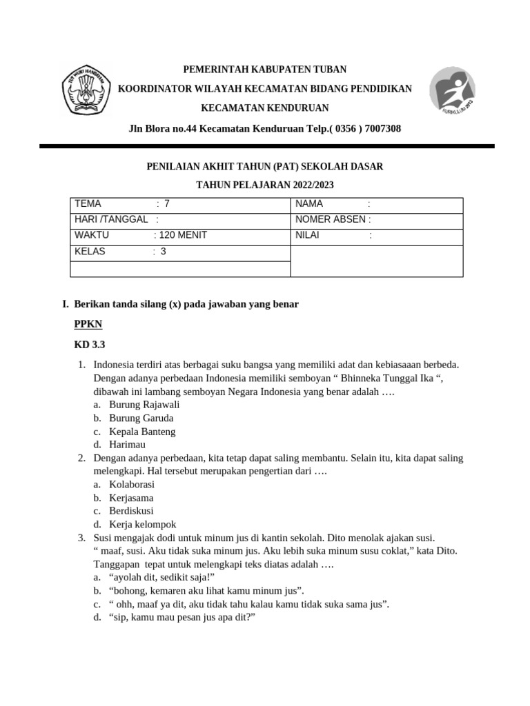SOAL PAT KELAS 3 TEMA 7 FIX | PDF