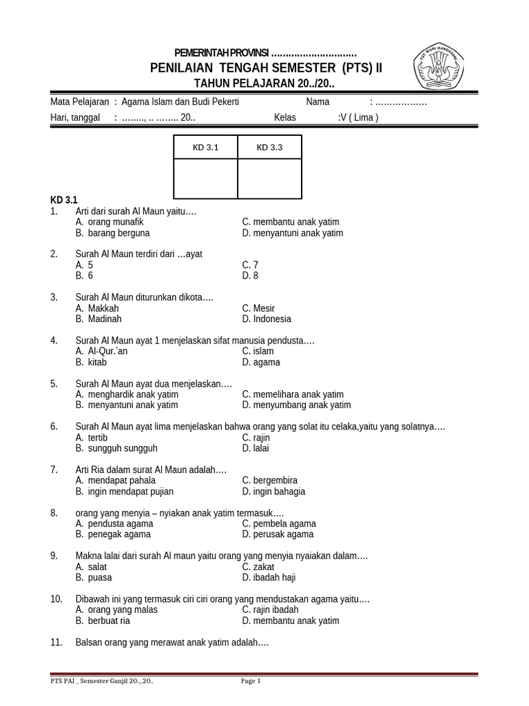 Soal PTS 2 PAI Kelas 5 K13 | PDF | Religious Belief And Doctrine | Religion & Spirituality