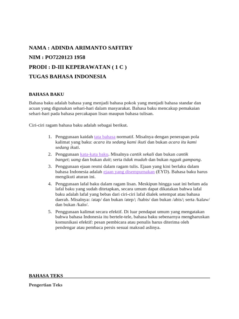 Adinda Arimanto Safitry 1 C - Resume Bahasa Indonesia Kata Baku | PDF