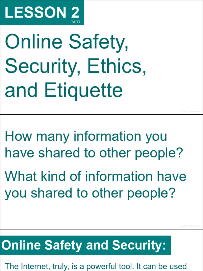 Lesson 2 Part I- Online Safety, Security, Ethics, | PDF