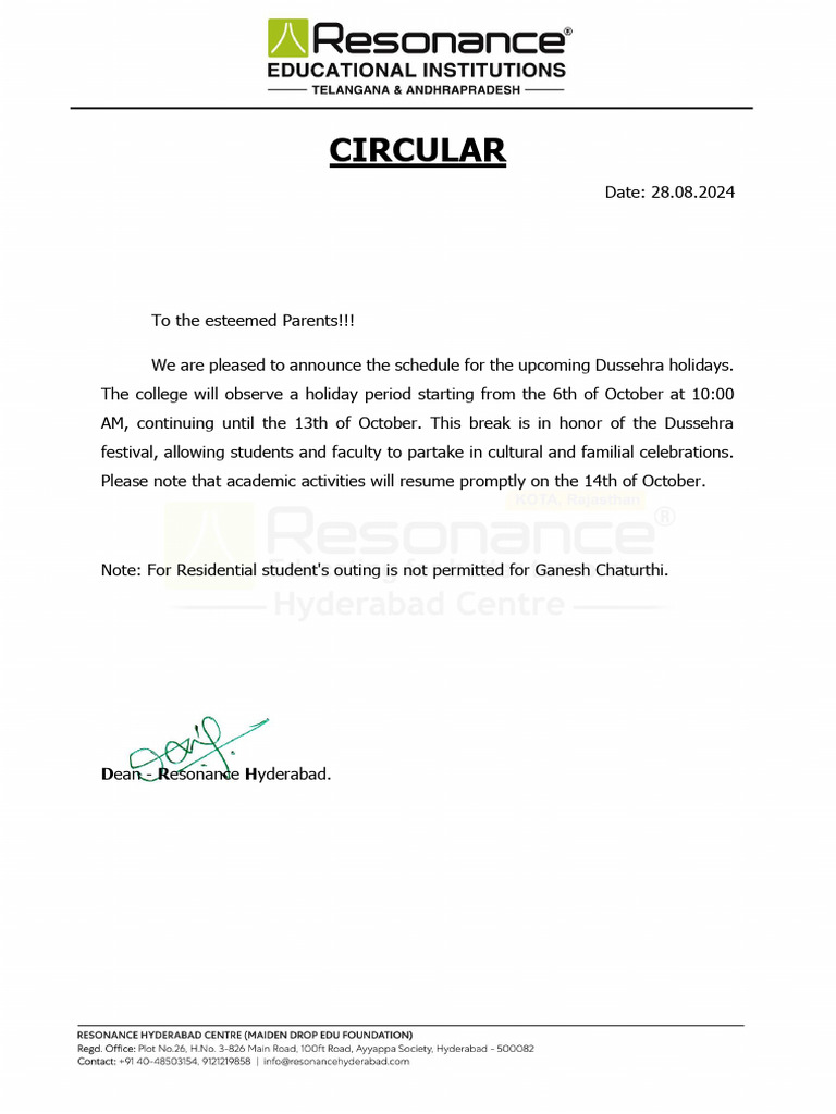 Dussehra holidays Circular 2024 | PDF