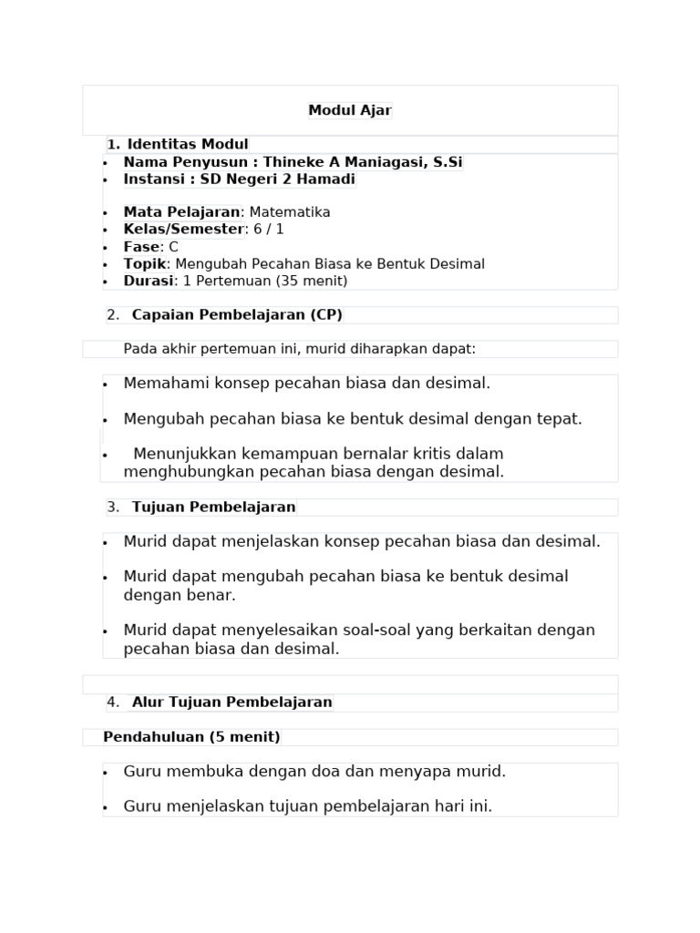 Modul Ajar MTK Kls 6 Opsevasi Ok | PDF