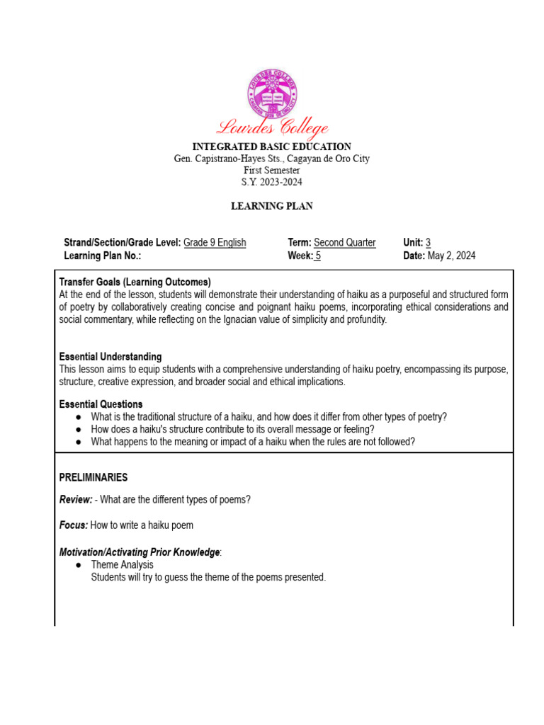 Haiku Lesson Plan Elt 5 | PDF | Poetry | Haiku