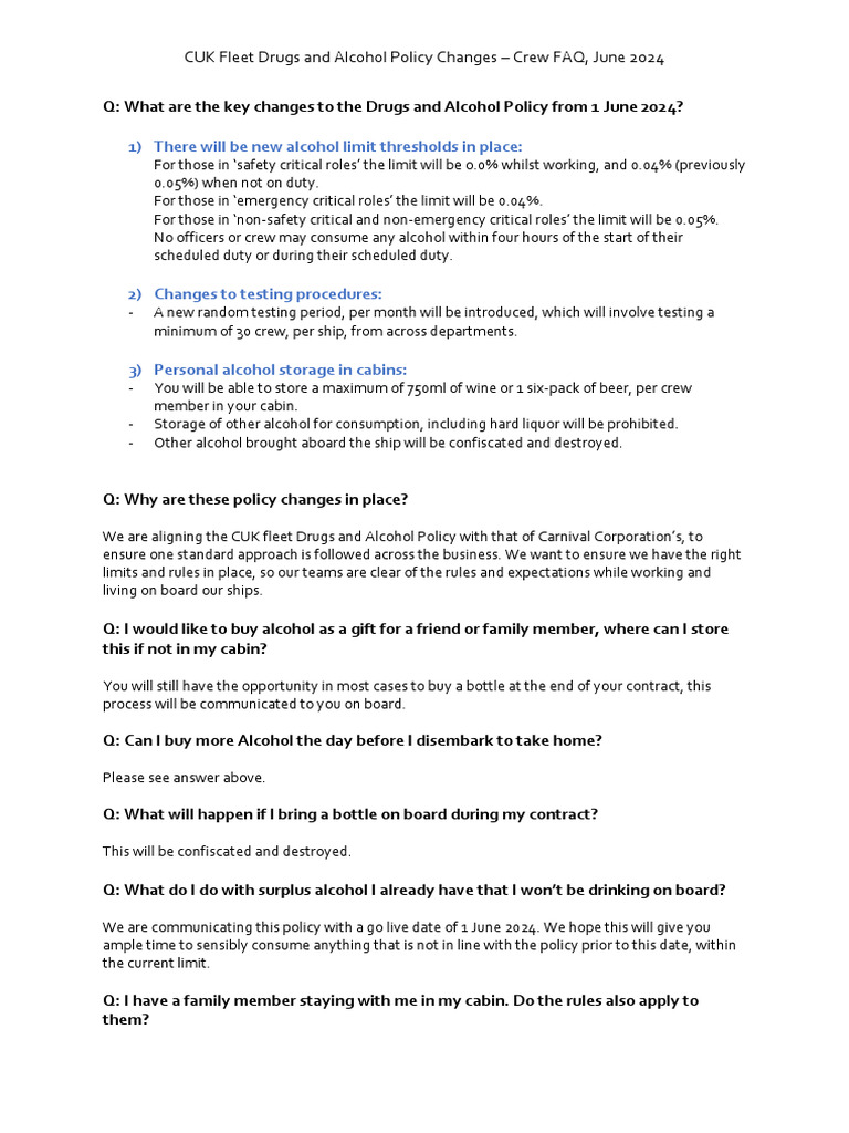 Drugs and Alcohol Policy Crew FAQ June 2024 FINAL 1 | PDF