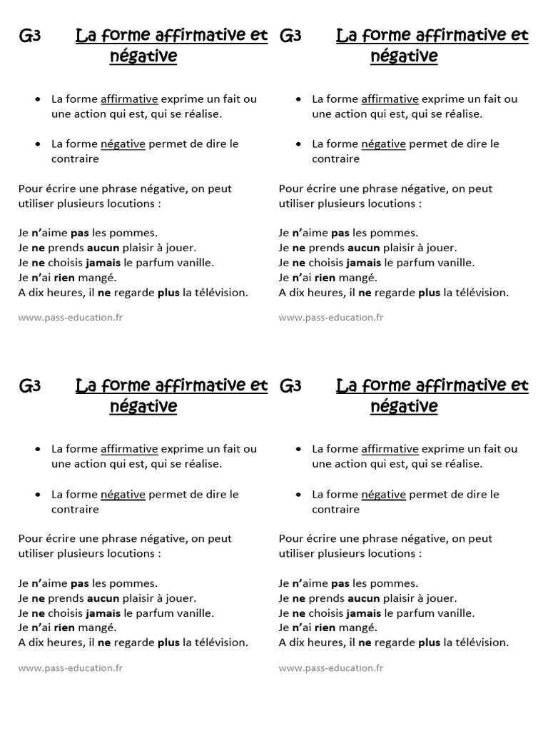 Forme Affirmative Et Négative Leçon Ce1 Grammaire Cycle 2 | PDF