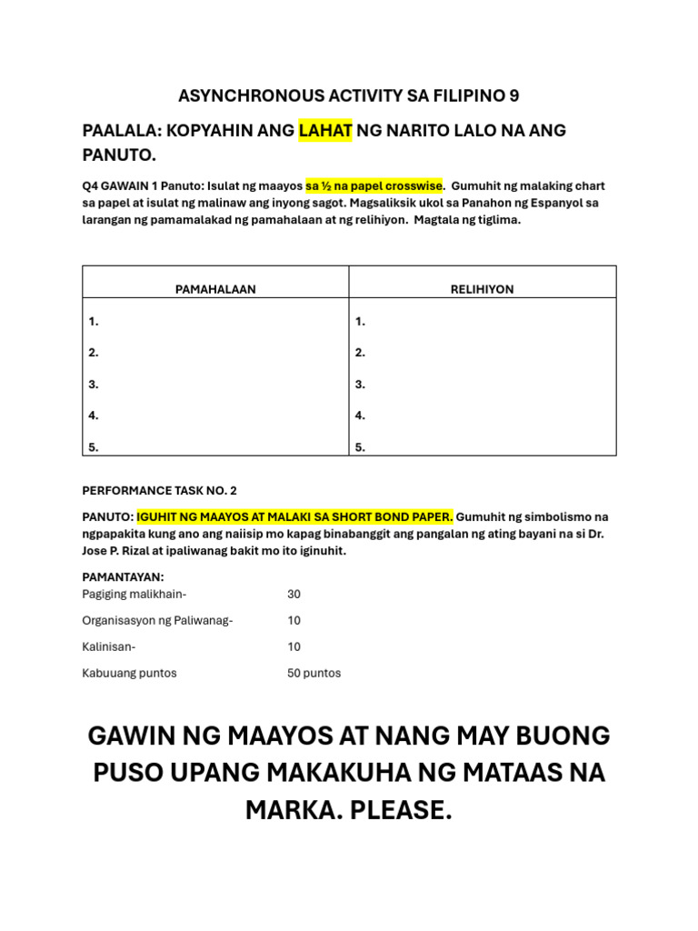 Asynchronous Activity Sa Filipino 9 | PDF