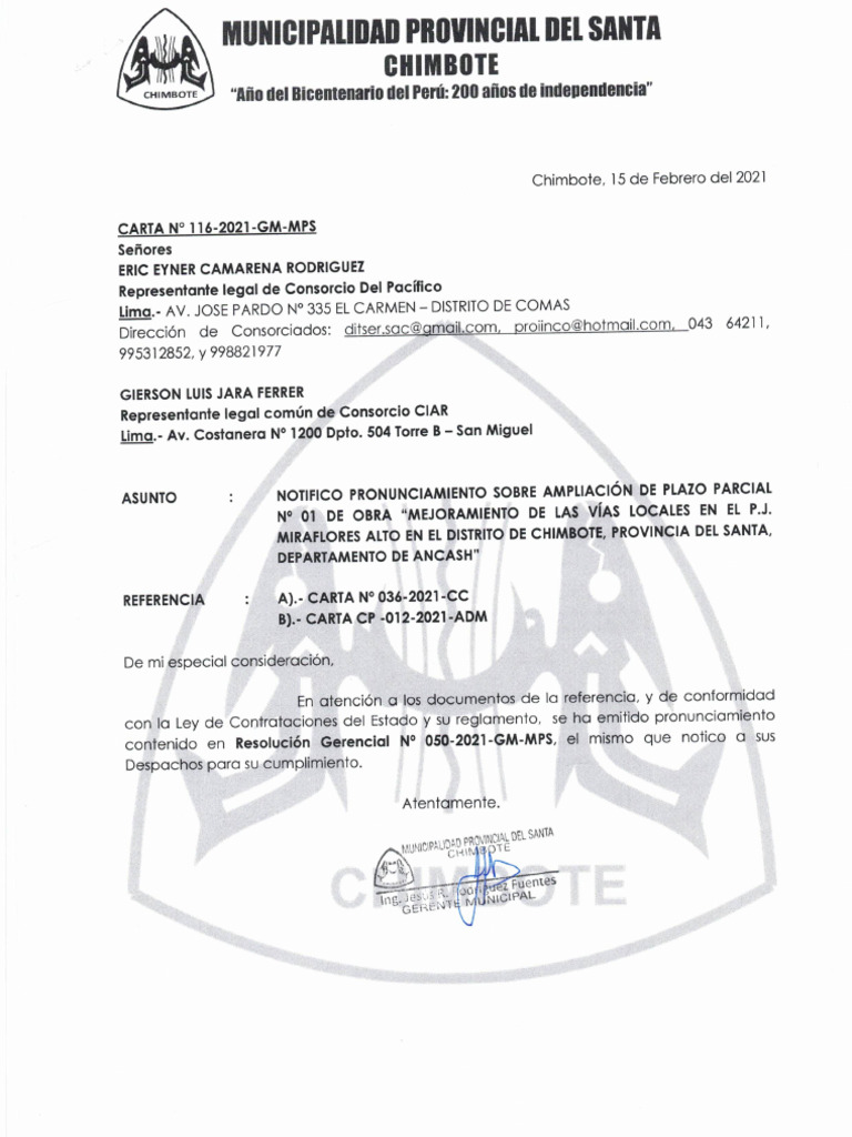 Carta N 116-2021-gm-mps - AMPLIACION DE PLAZO PARCIAL N 01 | PDF