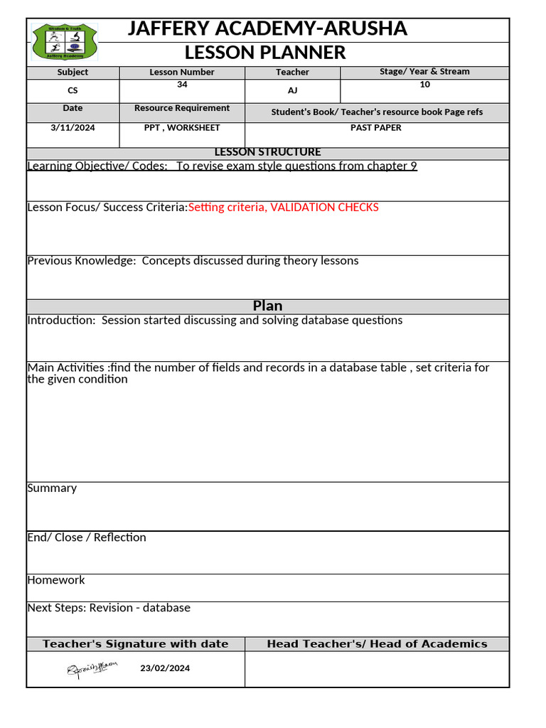YEAR 10 Lesson Plan March 2024 | PDF