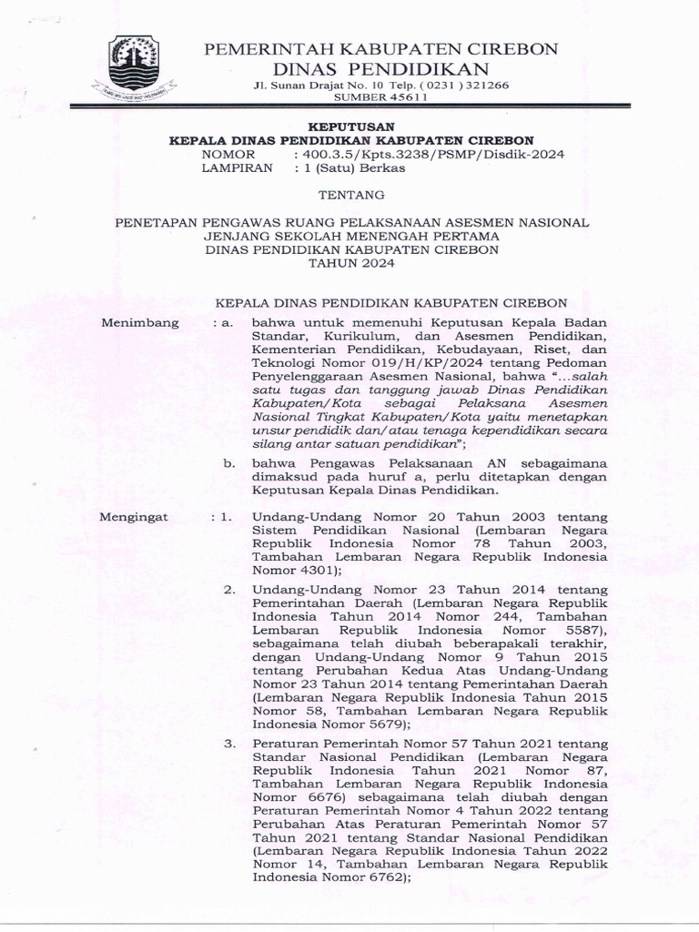 SK Penetapan Pengawas Ruang Pelaksanaan AN Jenjang SMP Tahun 2024 | PDF