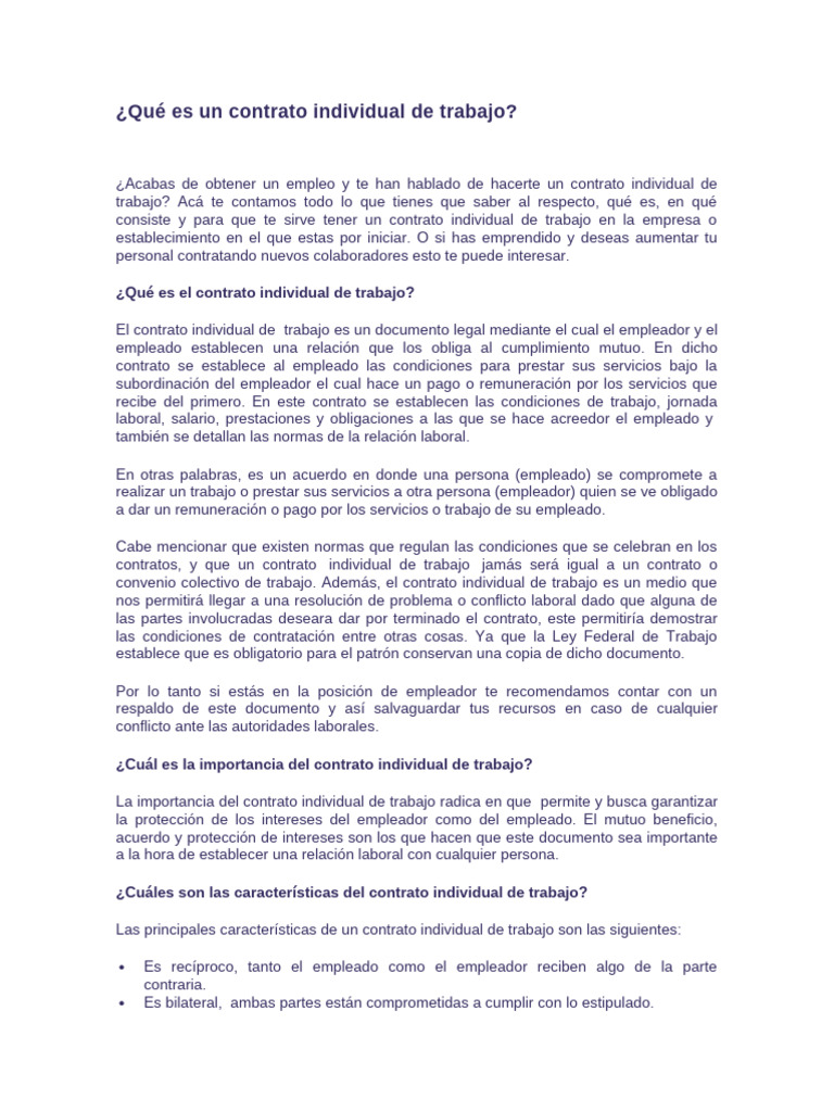 Contrato individual de trabajo | PDF