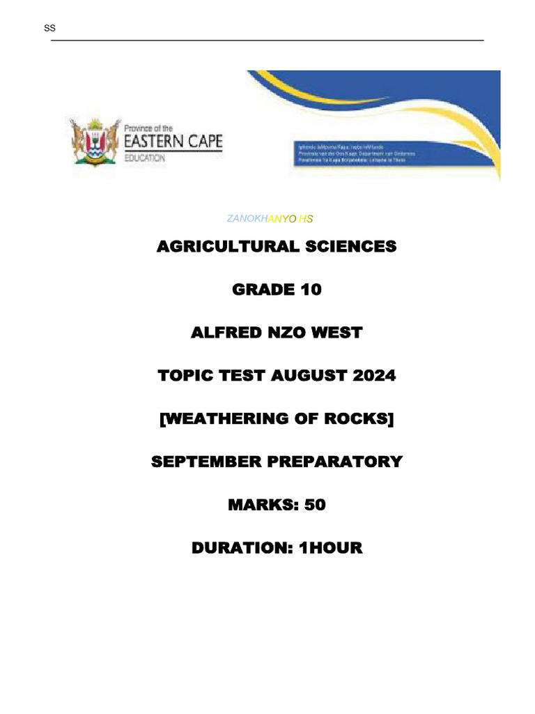 Grade 10 Topic Test 1 Term 3 | PDF | Soil | Weathering