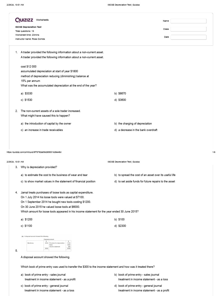 IGCSE Depreciation Test - Quizizz | PDF