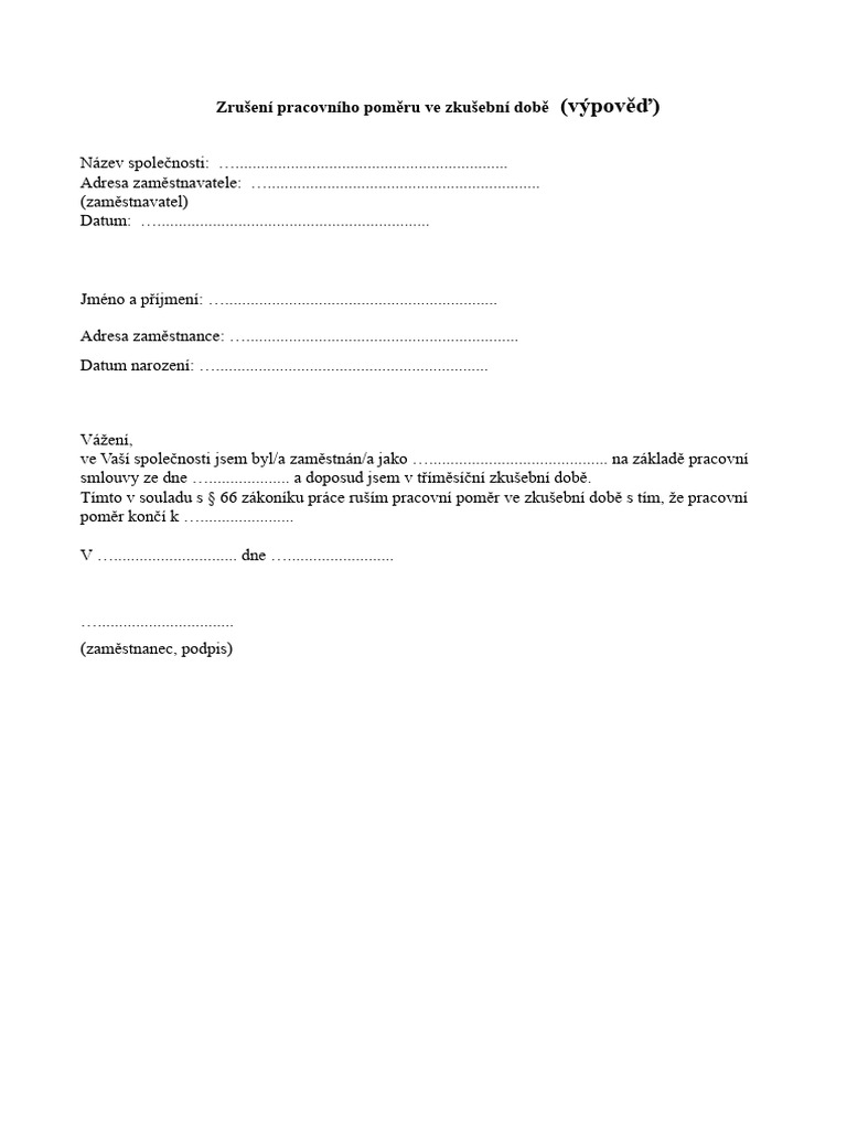 Vypoved Ve Zkusebni Dobe Vzor 1 | PDF