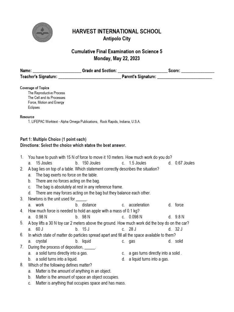Science 5 CFE M. Laniohan 20222023 | PDF | Force | Matter