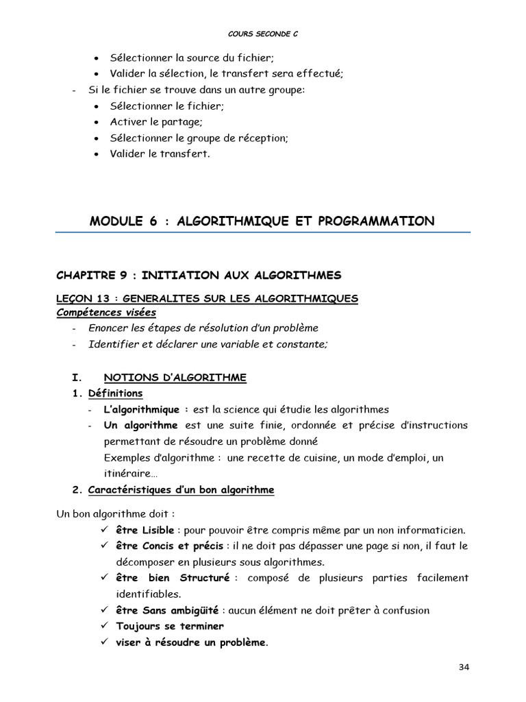 Module 6: Algorithmique Et Programmation: Chapitre 9: Initiation Aux Algorithmes | PDF