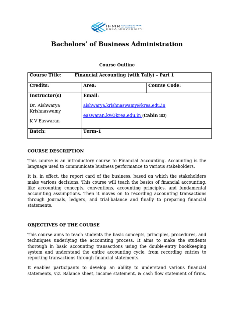 Course Outline - Accounting 1 - AWT1 | PDF | Financial Accounting ...