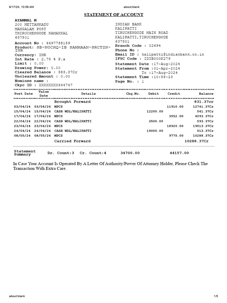 Sb-Nochq-Ib Sammaan-Srctzn-INR: Statement of Account | PDF