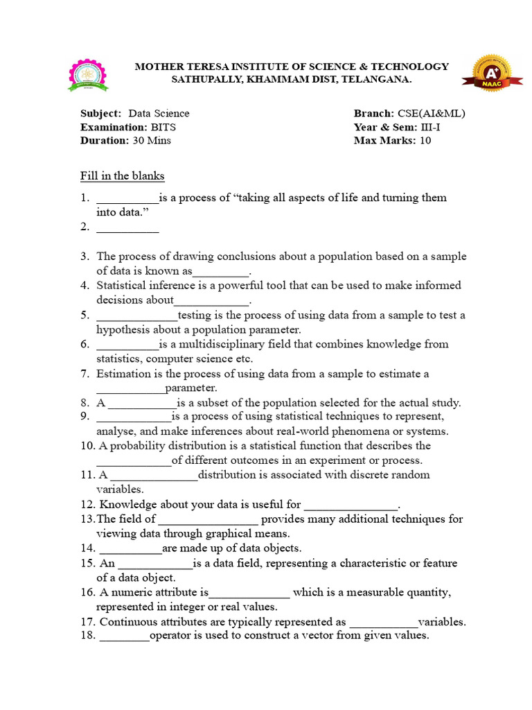 Data Science Mid-1 Bits | PDF