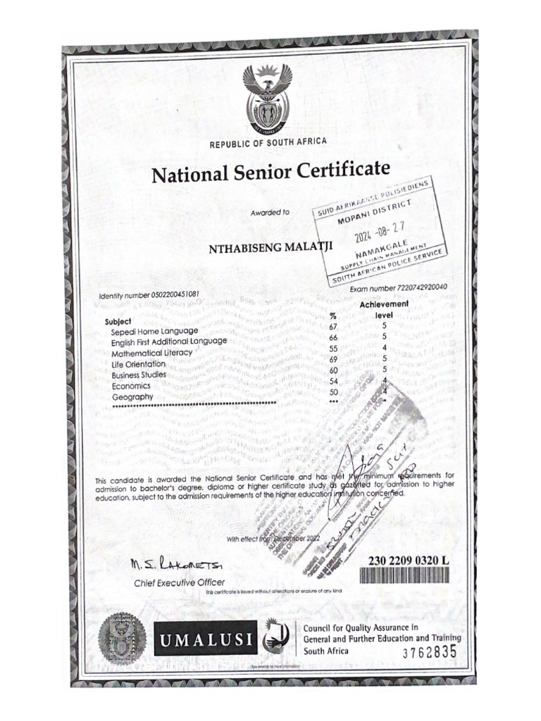 National Senior Certificate | PDF