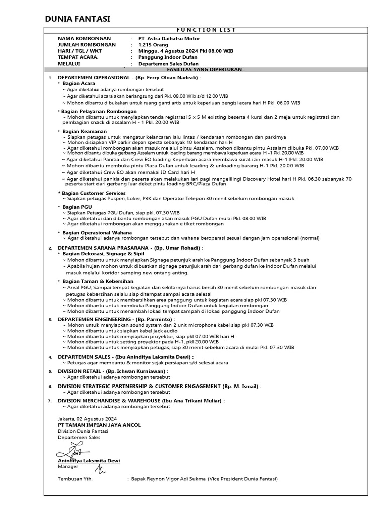 Dufan - Function List - PT Astra Daihatsu Motor - 4 Agustus 2024 - 1.215 Orang.0 | PDF