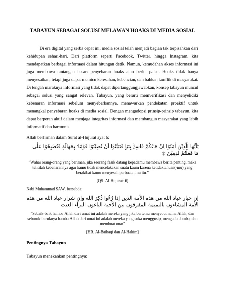 Tabayun Sebagai Solusi Melawan Hoaks Di Media Sosial | PDF