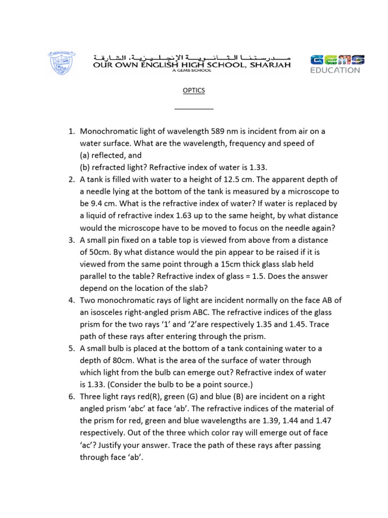 Worksheet Optics 2 | PDF