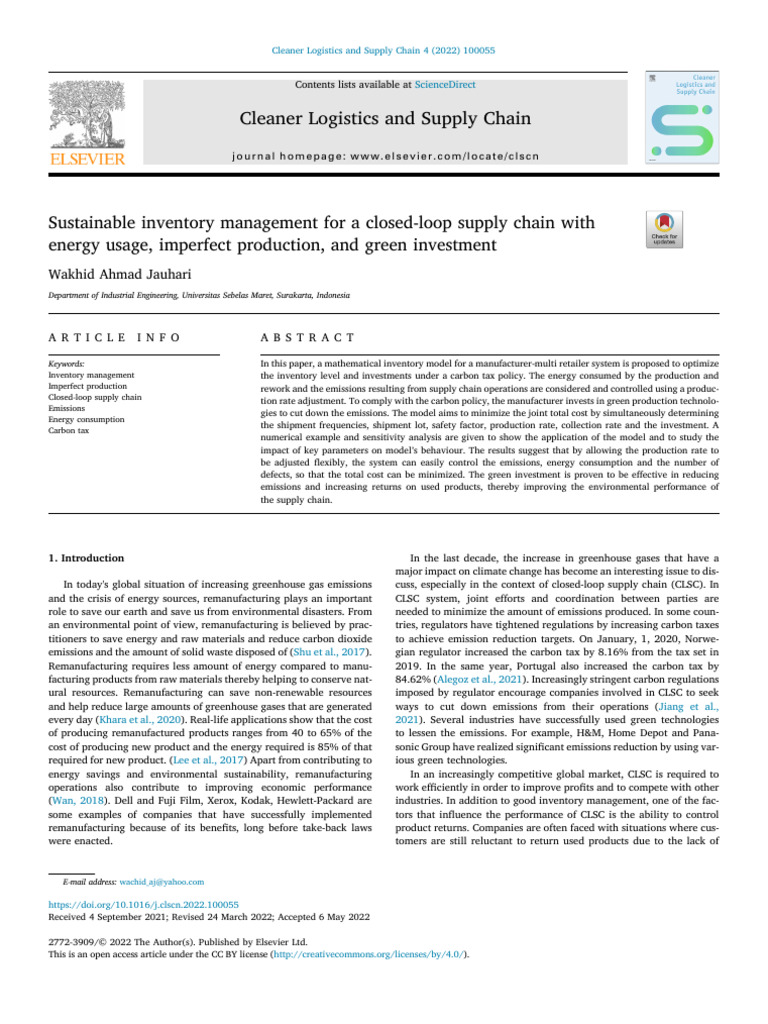 Sustainable Inventory Management For A Closed Loop Suppl - 2022 ...