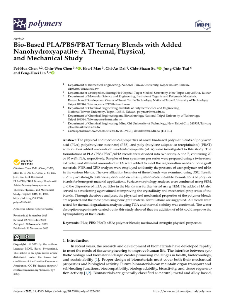 PLA PBS PBAT Polymers-15-04585 | PDF | Differential Scanning Calorimetry | Technology & Engineering