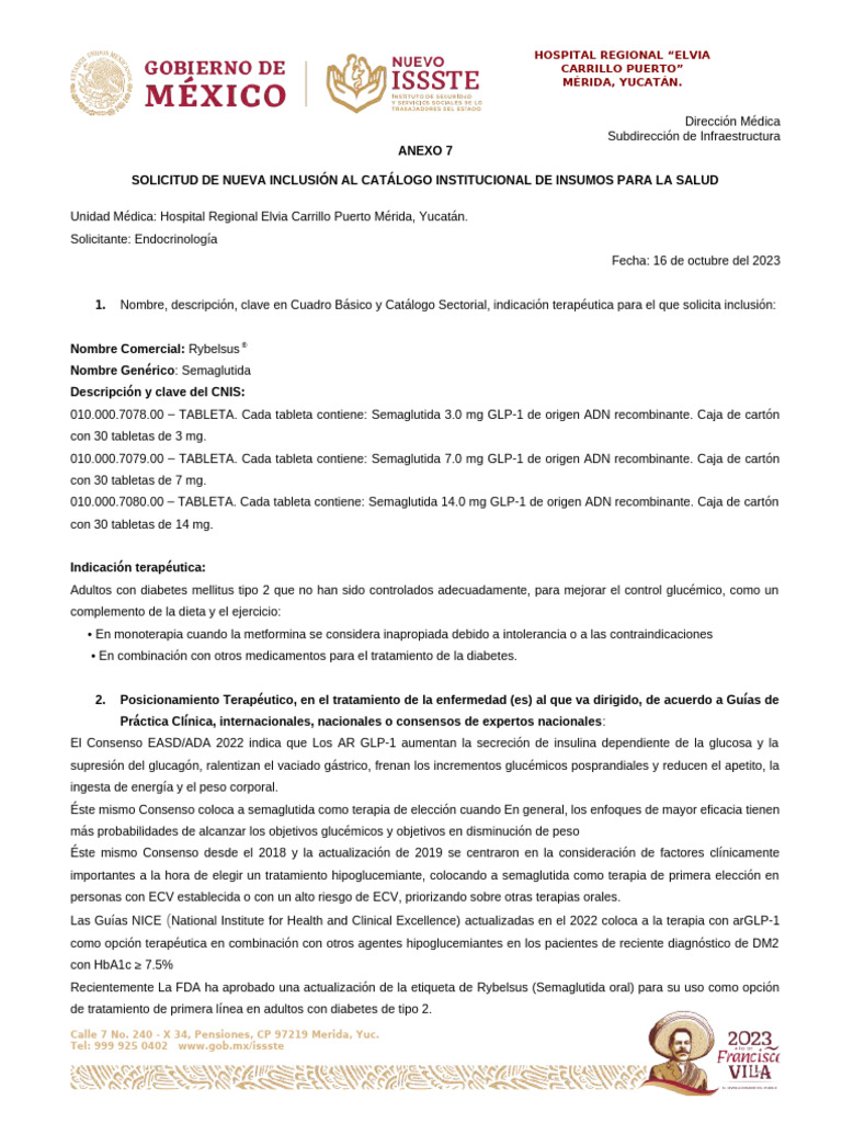 Carta Rybelsus ISSSTE Merida Yucatan | PDF