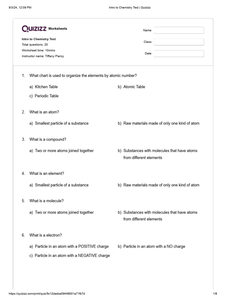 Intro to Chemistry Quiz for Students | PDF | Atoms | Technology ...