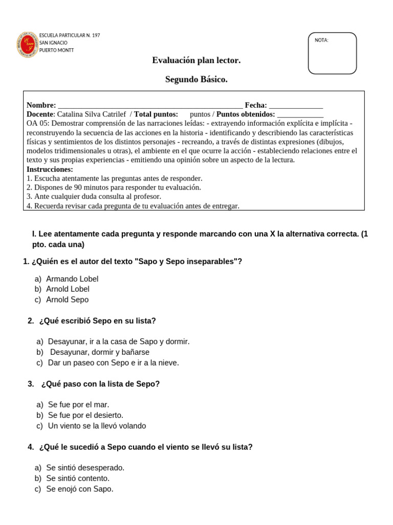Evaluacion Sapo y Sepo Inseparables | PDF