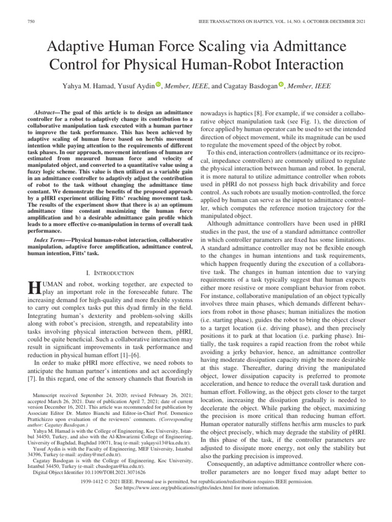 Adaptive Human Force Scaling Via Admittance Control For Physical Human Robot Interaction Pdf