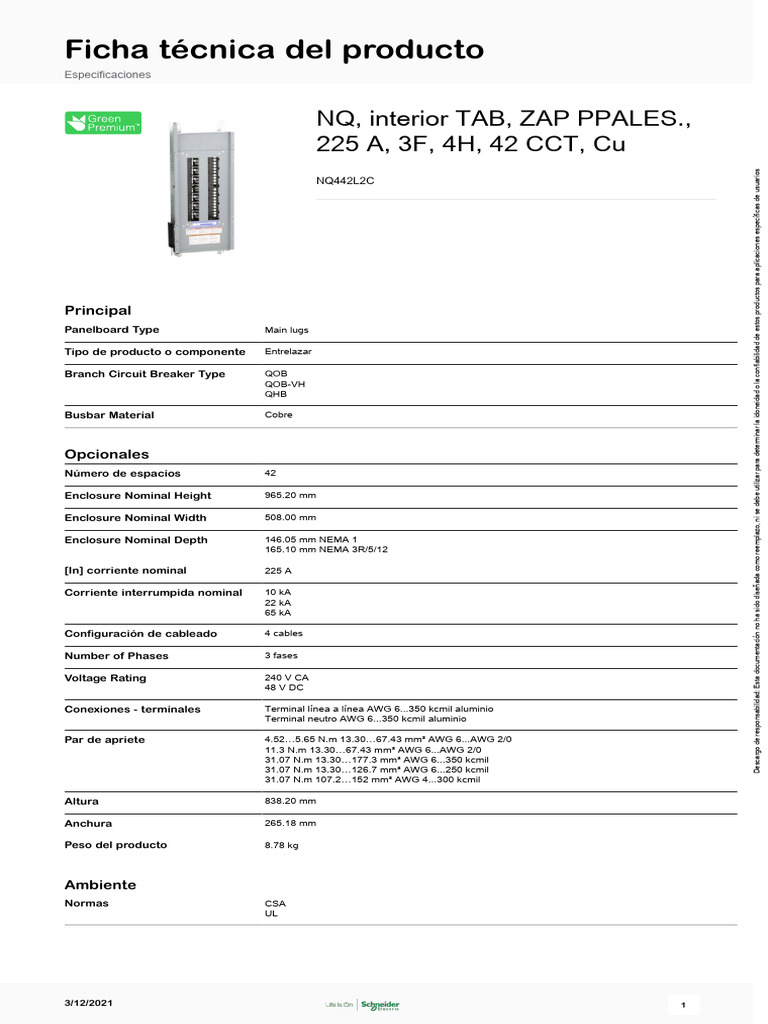 Tableros de Distribución Eléctrica NQ - NQ442L2C | PDF