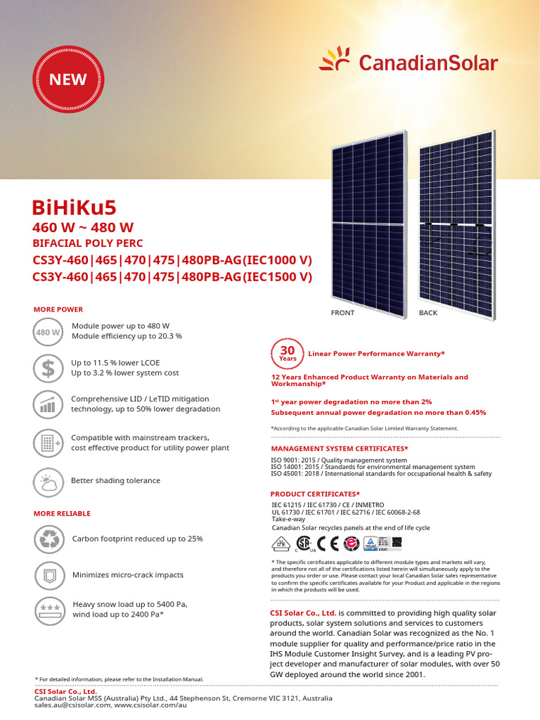 Canadian Solar Datasheet BiHiKu5 CS3Y PB AG v2.61 AU 2 | PDF
