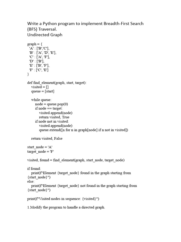 Write A Python Program To Implement Breadth | PDF Write A Python Program To Implement Breadth | PDF