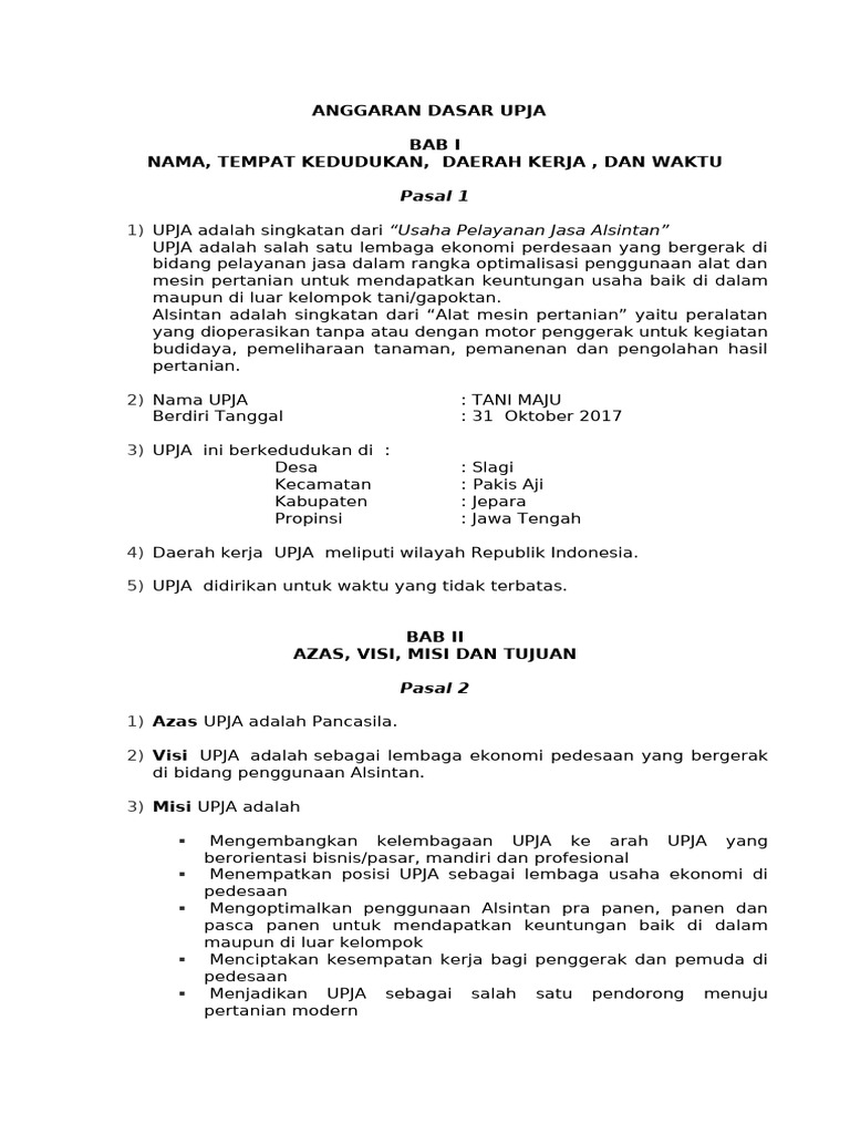 Anggaran Dasar Upja | PDF