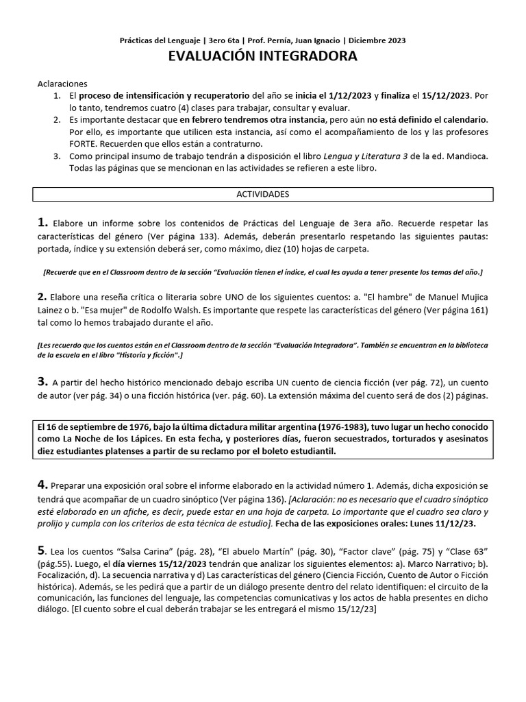 3ro 6ta. Evaluación Integradora Recuperatoria | PDF