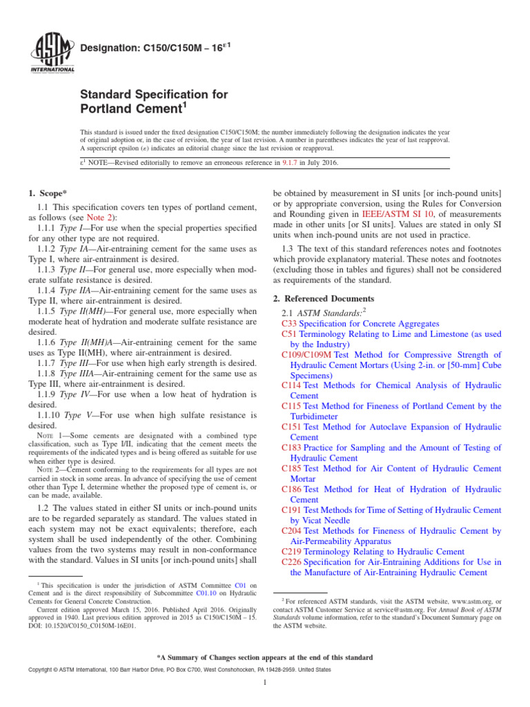 ASTM C150-16e Specification For Portland Cement | PDF