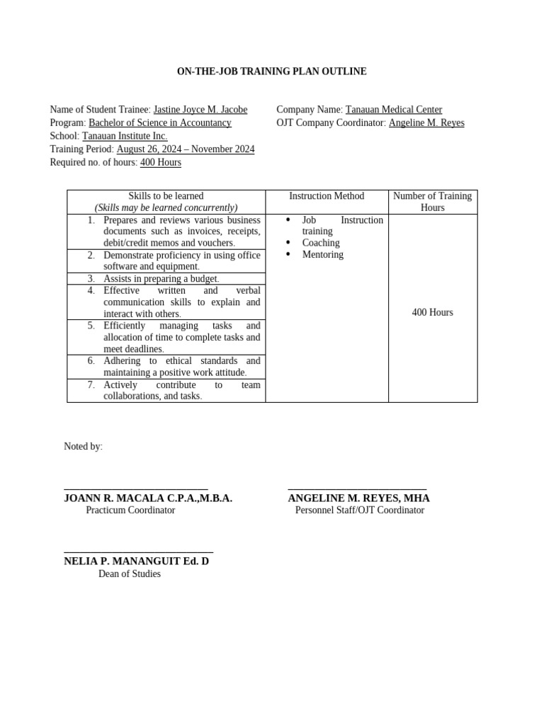 OJT Training Plan - JACOBE | PDF