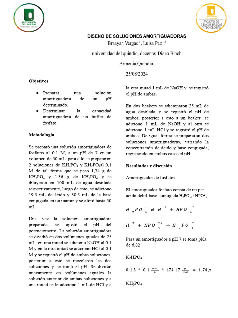 Informe de Bioquimica #1 | PDF | Ph | Solución tampón