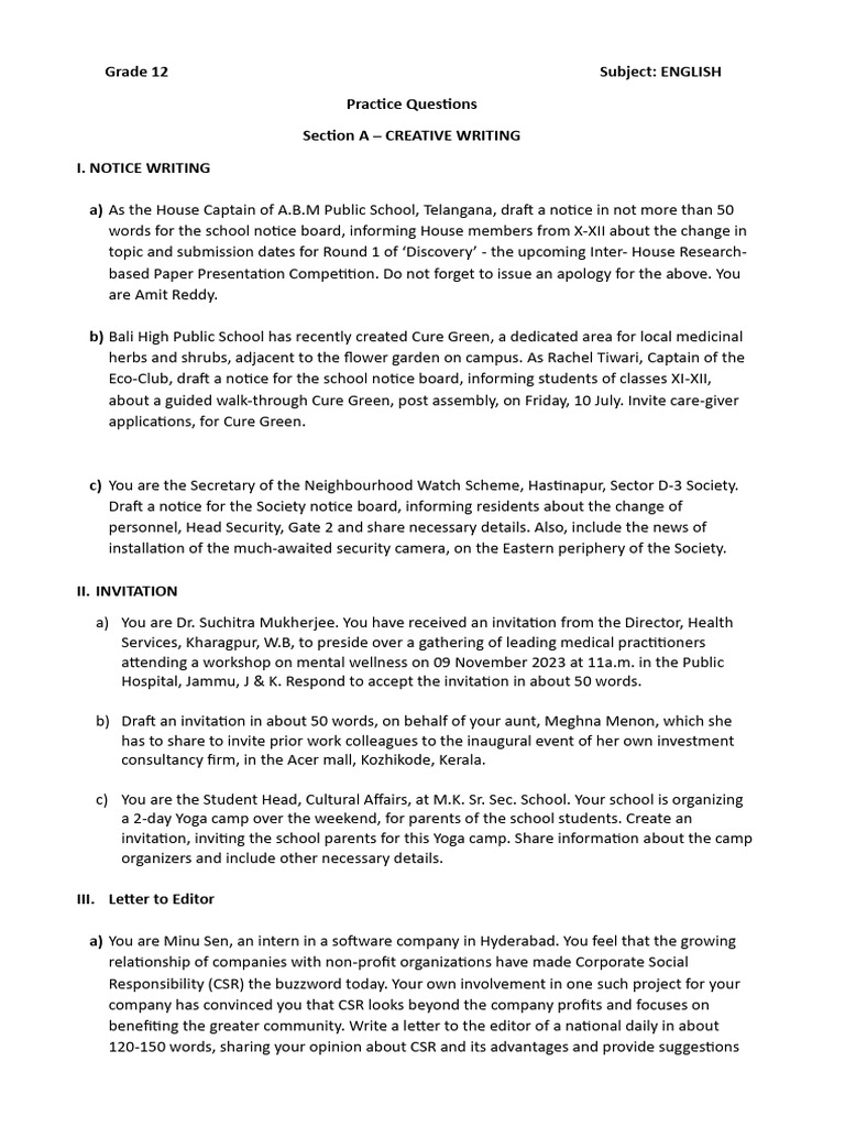 Grade 12 - English Question Bank - Holiday Homework | PDF