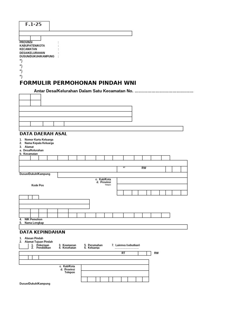 F-1.25 Formulir Permohonan Pindah Wni Antar Desa Kelurahan Dalam Satu Kecamatan | PDF