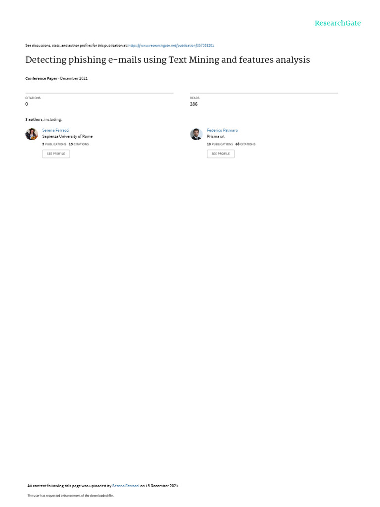 Detecting Phishing E-Mails Using Text Mining and Features Analysis | PDF