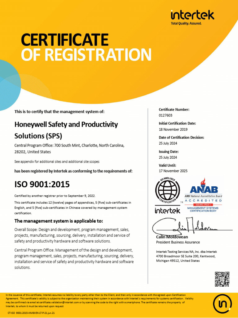 Hon 2024 QPR Honeywell Safety and Productivity Solutions Iso 9001 2015 Cert | PDF