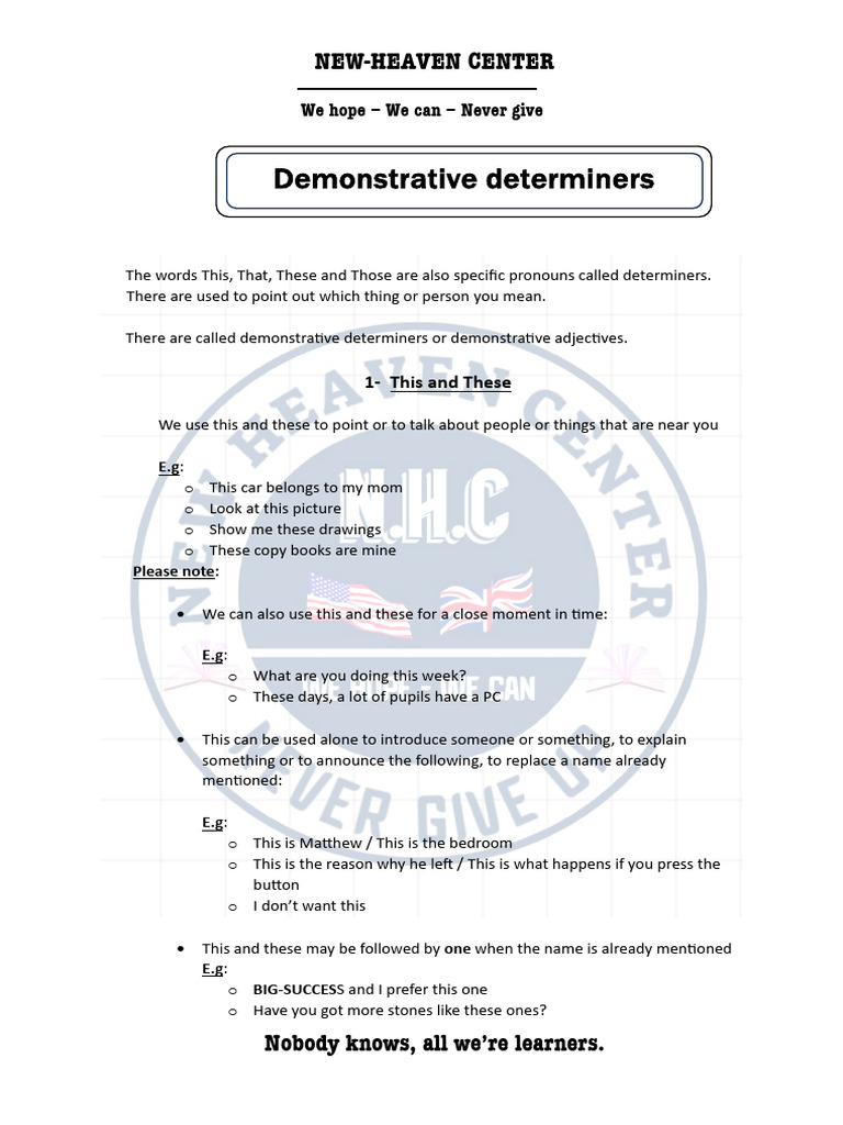 Demonstrative Determiners | PDF