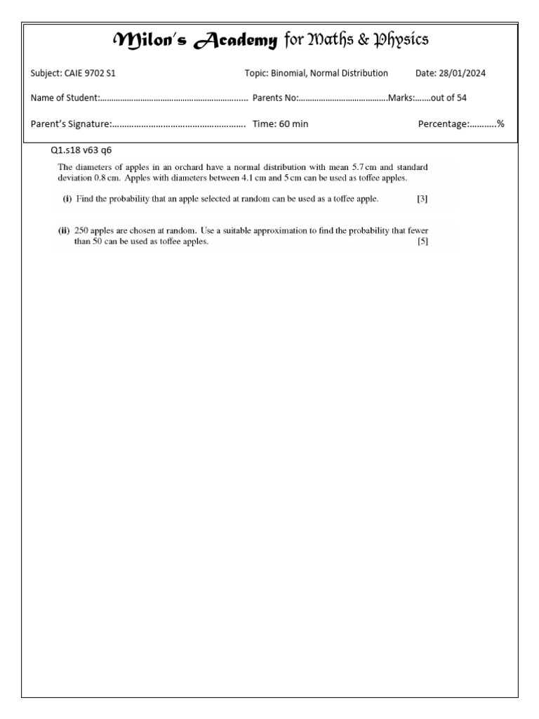 Test On S1 Binomial Normal Distribution Mark Scheme | PDF