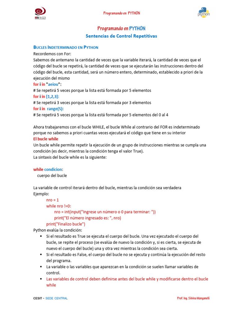 Bucles en Python: For y While | PDF | Python (lenguaje de programación) | Flujo de control