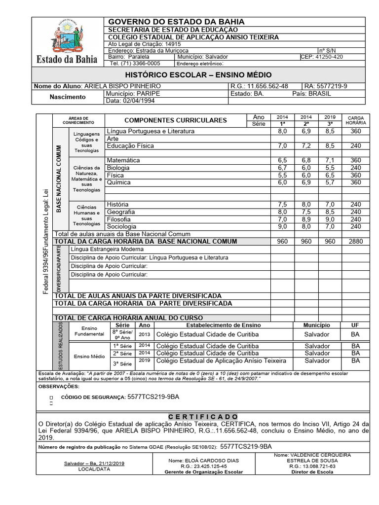 Histórico Escolar Ensino Médio | PDF
