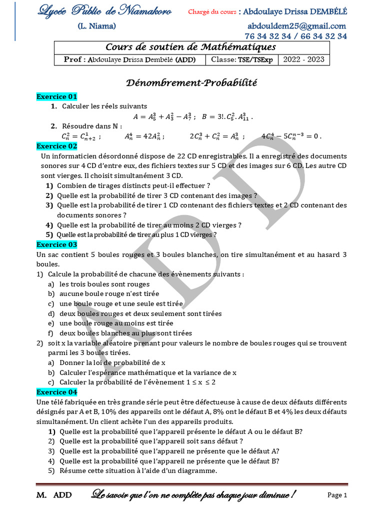 Exercices TSE Proba 2022-23 LNIAMA | PDF