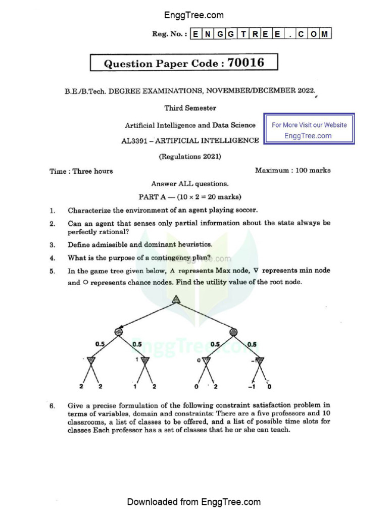 AL3391 Artificial Intelligence Nov Dec 2022 Question Paper Download | PDF